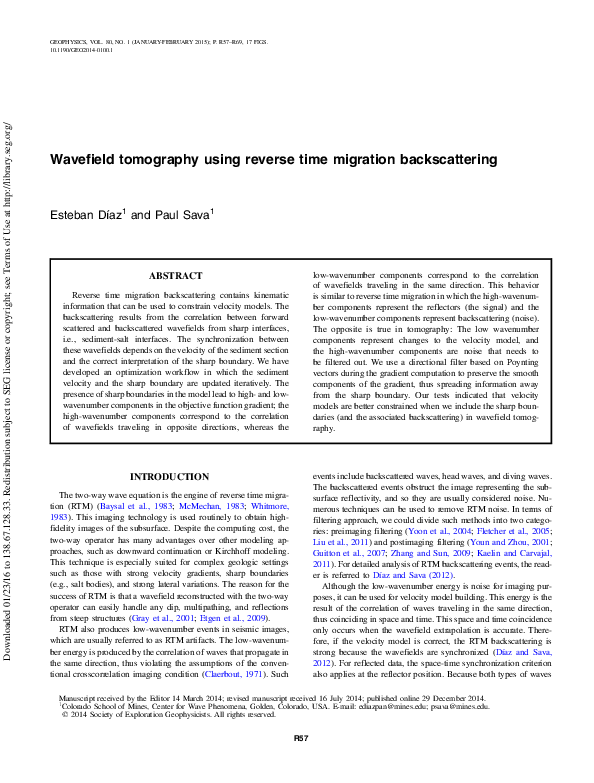 (PDF) Wavefield tomography using reverse time migration backscattering