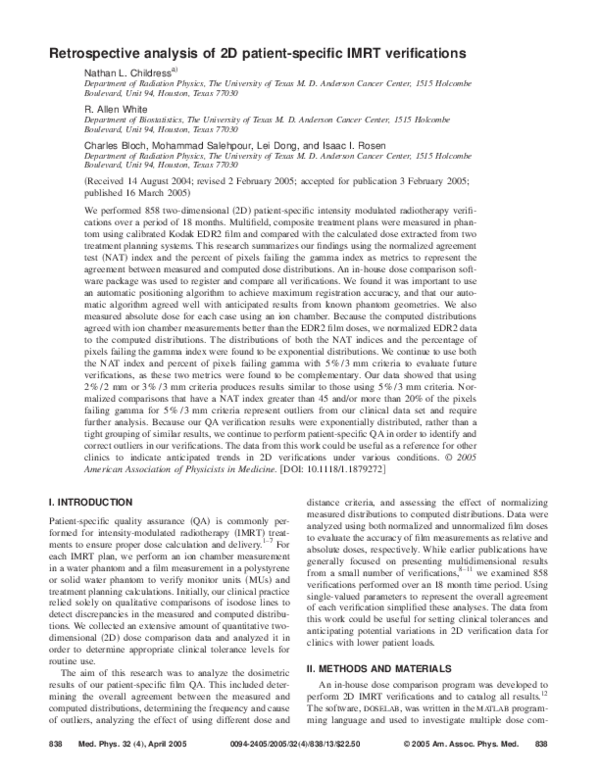 (PDF) Retrospective analysis of 2D patient-specific IMRT verifications | C. Bloch - Academia.edu