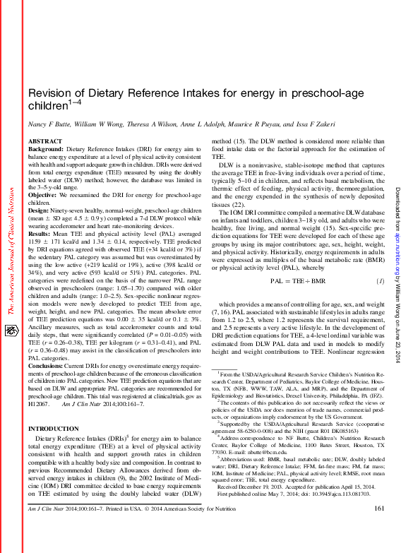 (PDF) Revision of Dietary Reference Intakes for energy in preschool-age ...