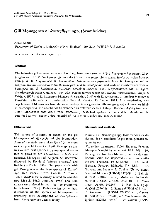 (PDF) Gill monogenea of Rastrelliger spp. (Scombridae) | Klaus Rohde ...