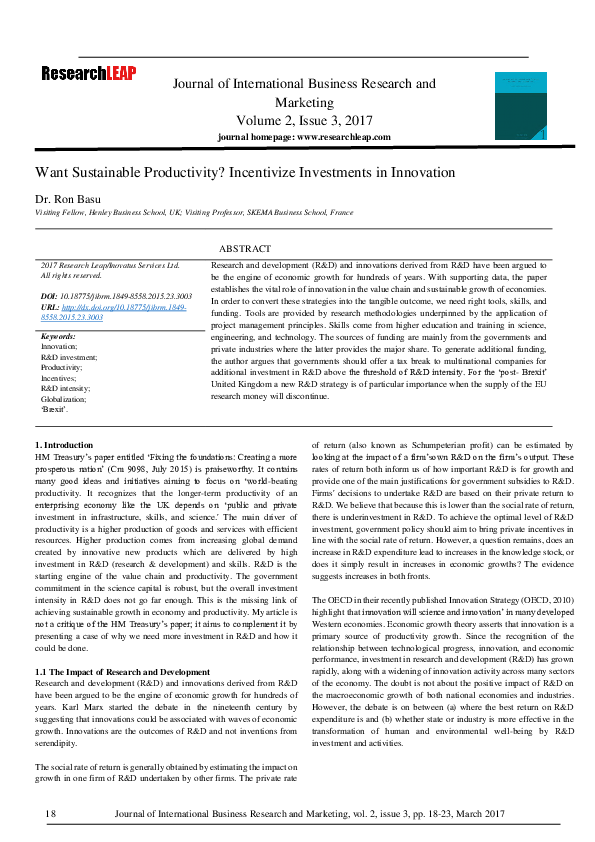 (PDF) Want Sustainable Productivity? Incentivize Investments in Innovation