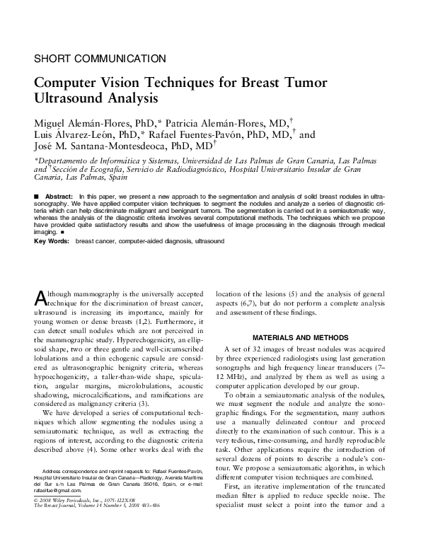 (PDF) Computer vision techniques for breast tumor ultrasound analysis