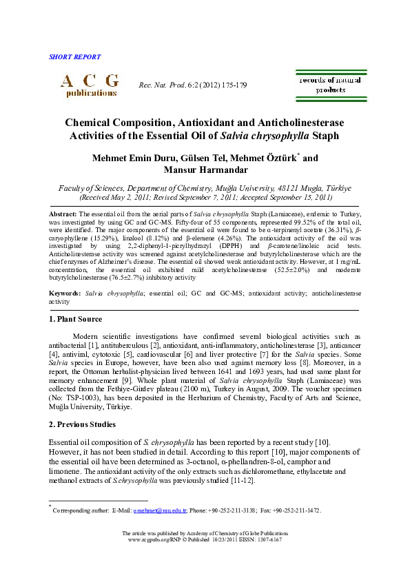 (PDF) Chemical Composition, Antioxidant and Anticholinesterase ...