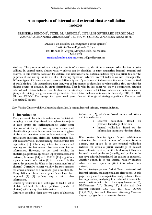 (PDF) A comparison of internal and external cluster validation indexes