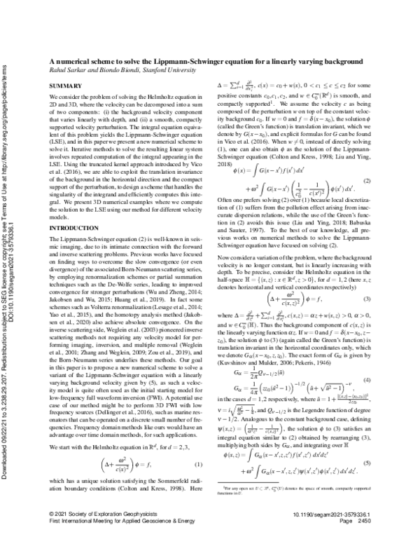 (PDF) A numerical scheme to solve the Lippmann-Schwinger equation for a ...