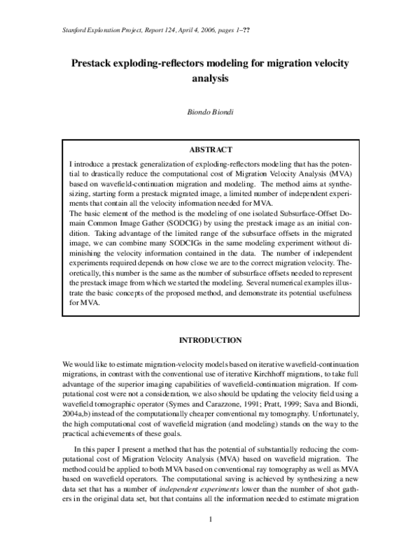Pdf Prestack Exploding‐reflectors Modeling For Migration Velocity