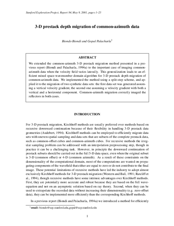 Pdf 3‐d Prestack Depth Migration Of Common‐azimuth Data