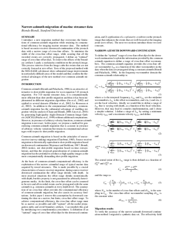 (PDF) Narrow‐azimuth migration of marine streamer data
