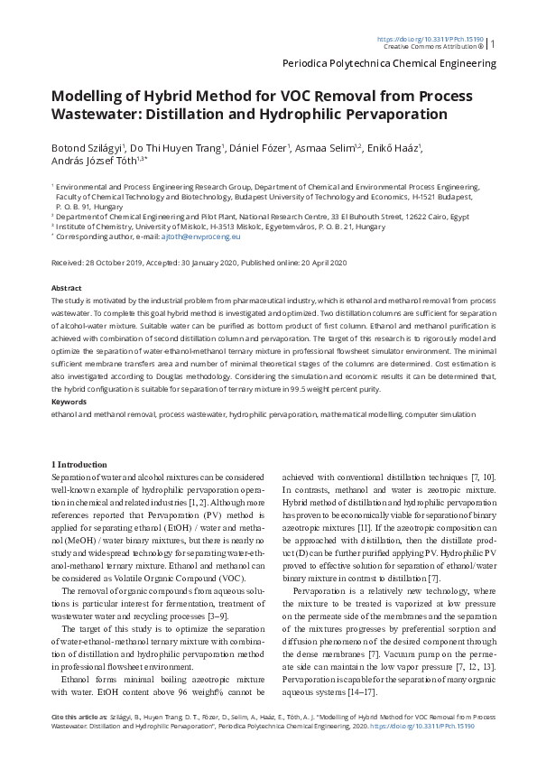(PDF) Modelling of Hybrid Method for VOC Removal from Process Wastewater: Distillation and ...