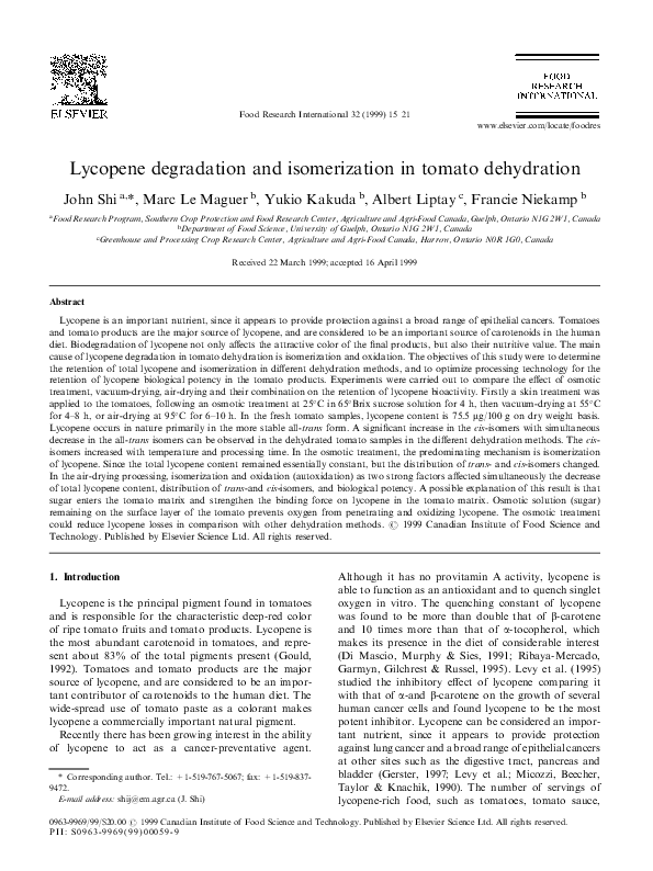 (PDF) Lycopene degradation and isomerization in tomato dehydration
