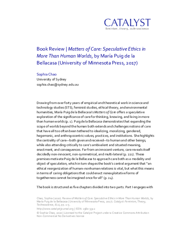 (PDF) Matters of Care: Speculative Ethics in More Than Human Worlds ...