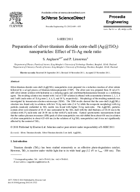 (PDF) Preparation of silver-titanium dioxide core-shell (Ag@TiO2) nanoparticles: Effect of Ti-Ag ...