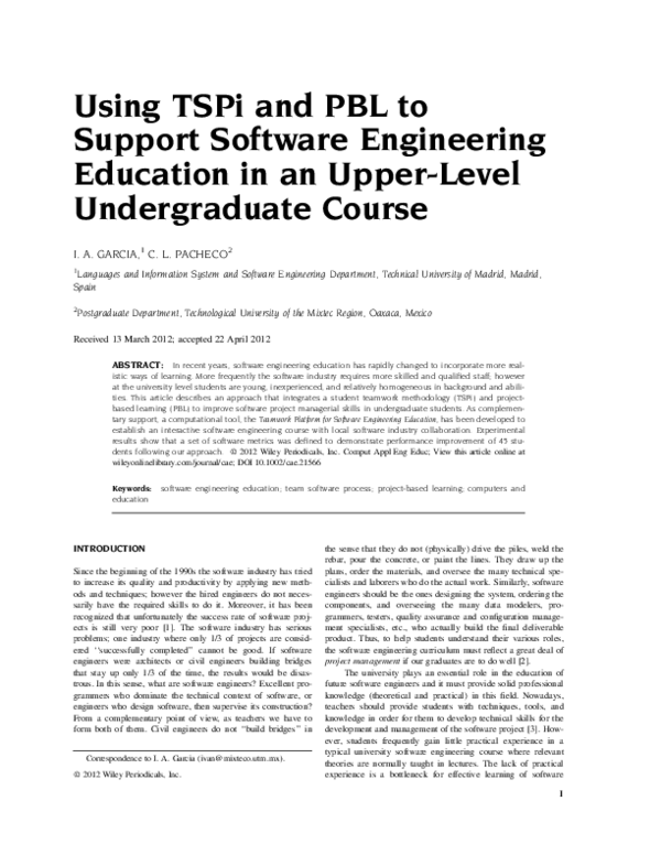 (PDF) Using TSPi and PBL to support software engineering education in an upper-level ...