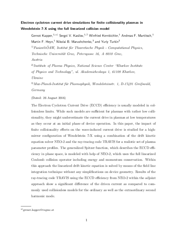 (PDF) Electron cyclotron current drive simulations for finite collisionality plasmas in ...