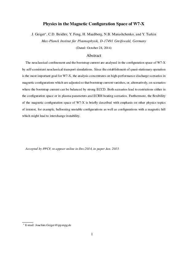 (PDF) Physics in the magnetic configuration space of W7-X