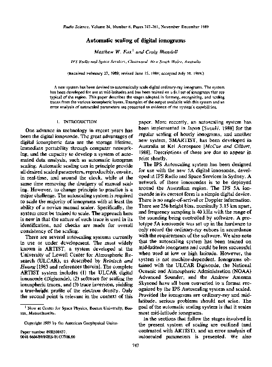 (PDF) Automatic scaling of digital ionograms