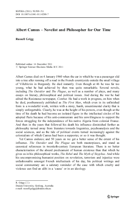 (PDF) Albert Camus – Novelist and Philosopher for Our Time