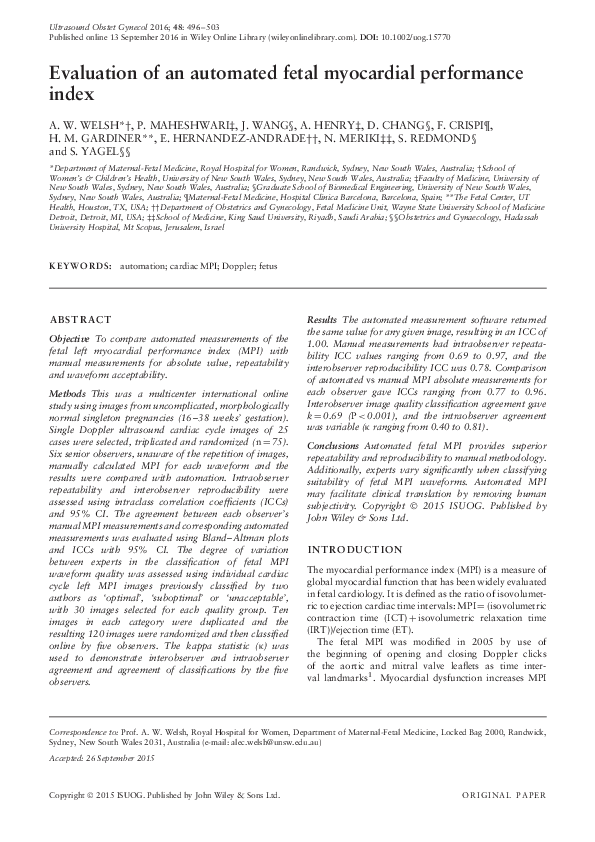 (PDF) Evaluation of an automated fetal myocardial performance index