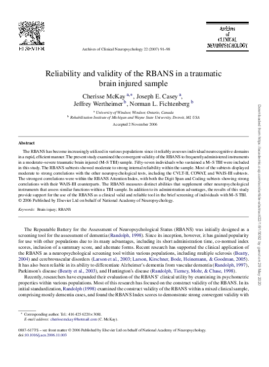 (PDF) Reliability and validity of the RBANS in a traumatic brain ...