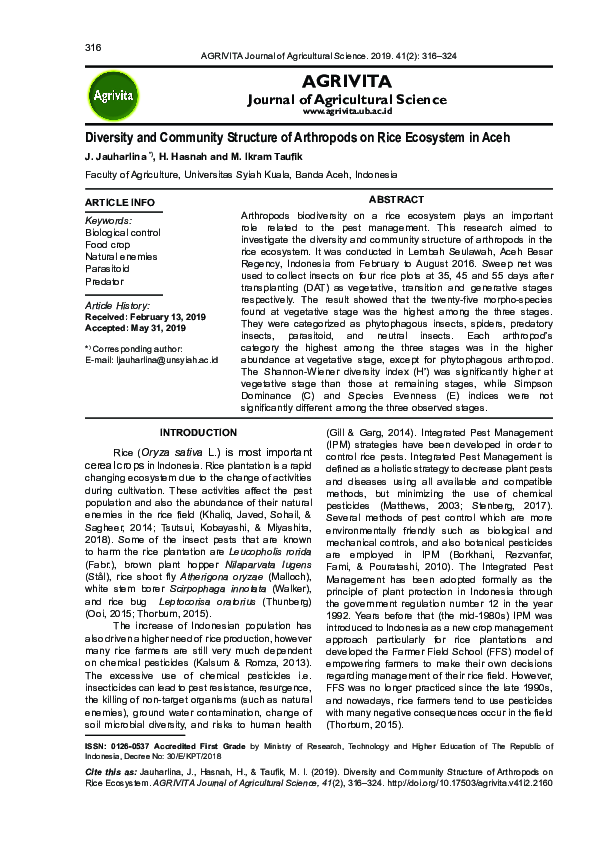 (PDF) Diversity and Community Structure of Arthropods on Rice Ecosystem