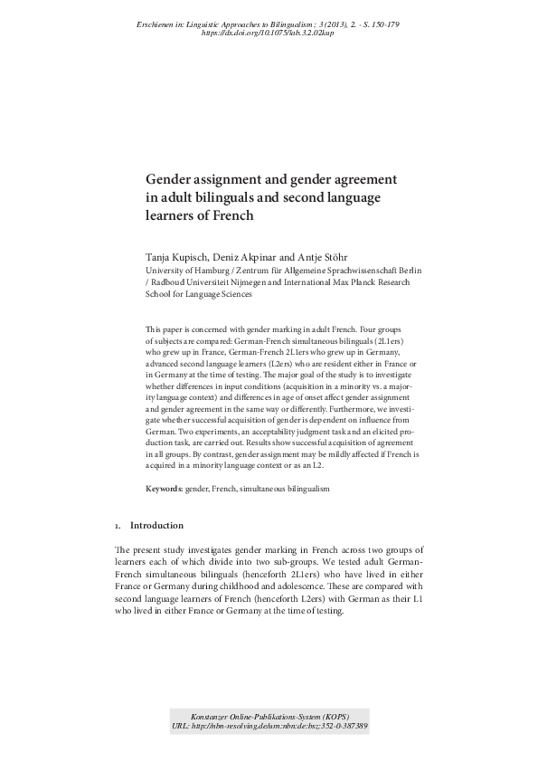 (PDF) Gender assignment and gender agreement in adult bilinguals and ...