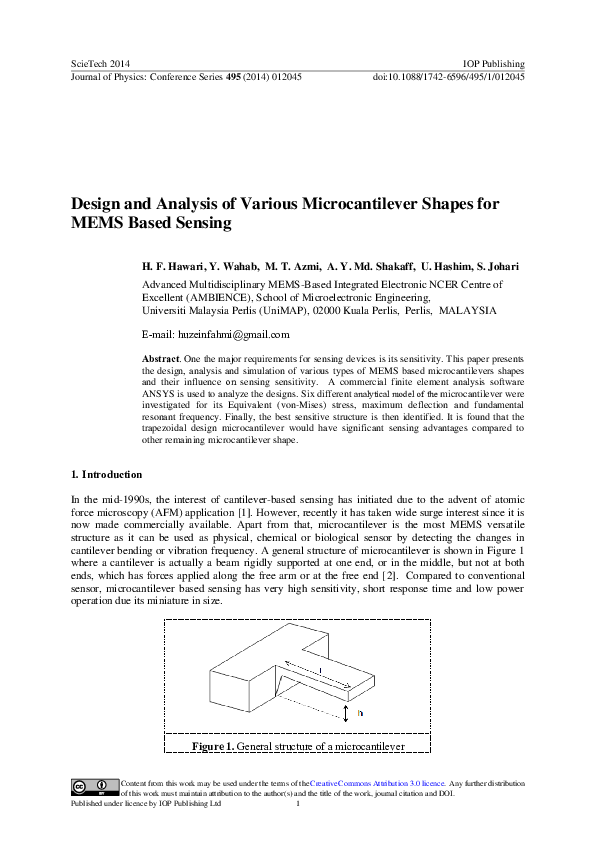 Pdf Design And Analysis Of Various Microcantilever Shapes For Mems