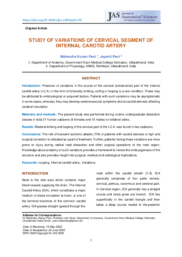 (PDF) Study of Variations of Cervical Segment of Internal Carotid Artery