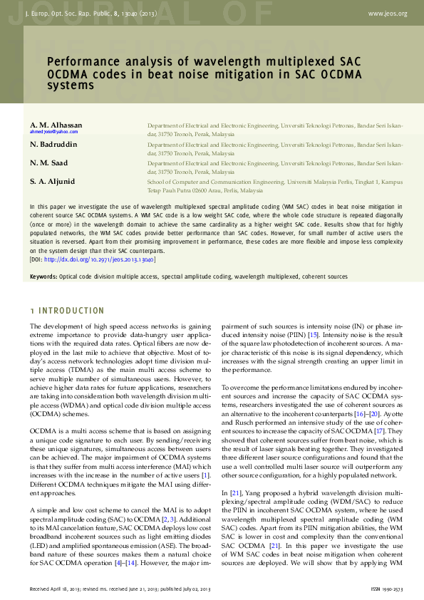 Pdf Performance Analysis Of Wavelength Multiplexed Sac Ocdma Codes In Beat Noise Mitigation In