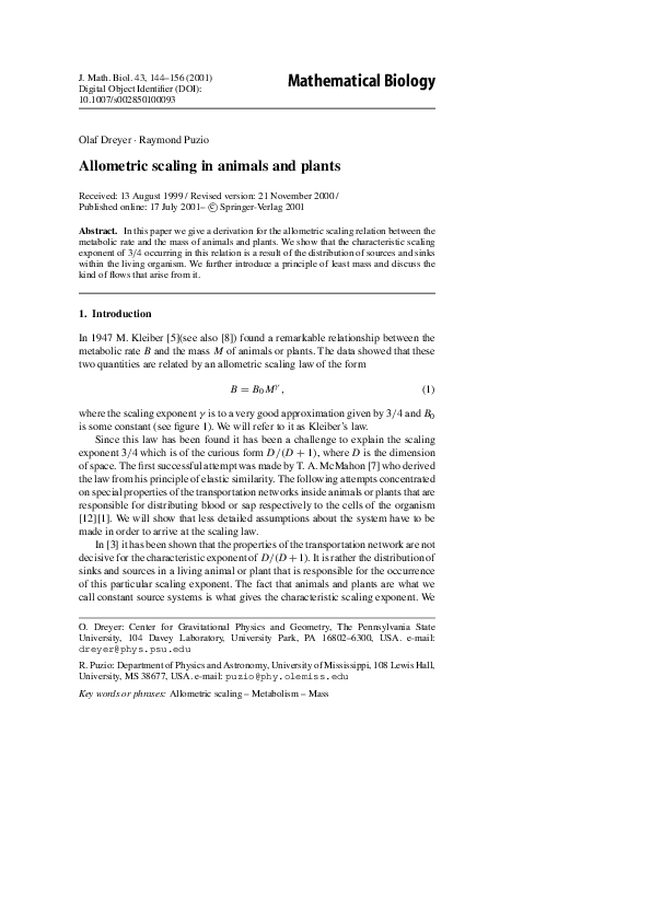 (PDF) Allometric scaling in animals and plants