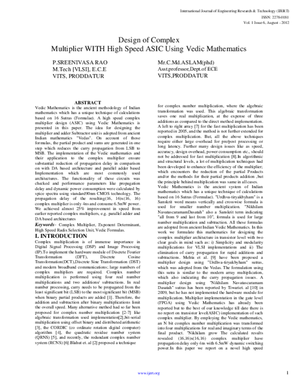 (PDF) High speed ASIC design of complex multiplier using Vedic Mathematics
