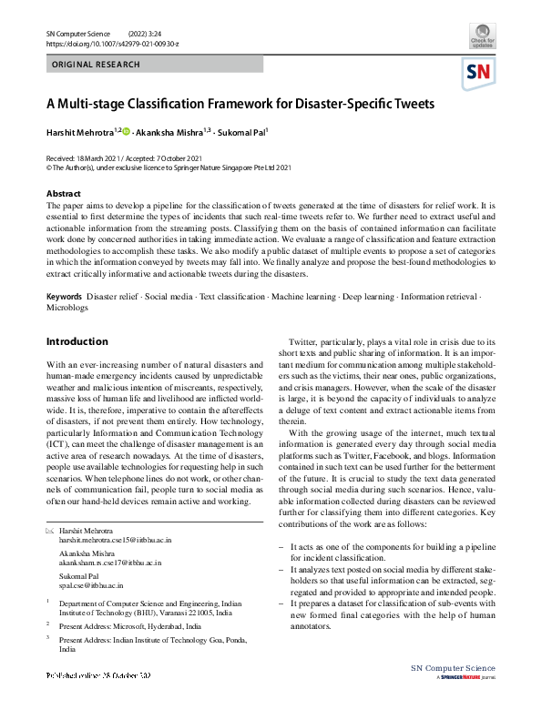 (PDF) A Multi-stage Classification Framework for Disaster-Specific Tweets