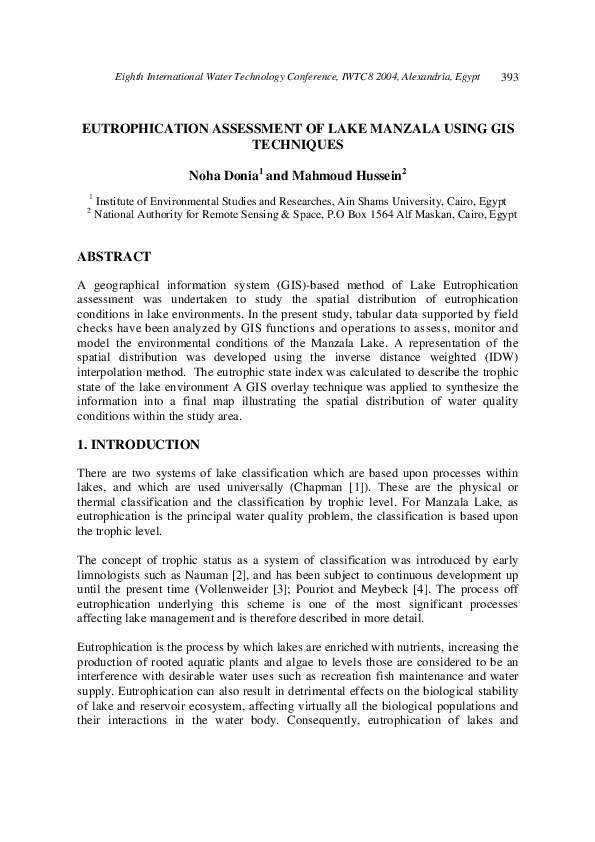 (PDF) Eutrophication assessment of Lake Manzala using GIS techniques