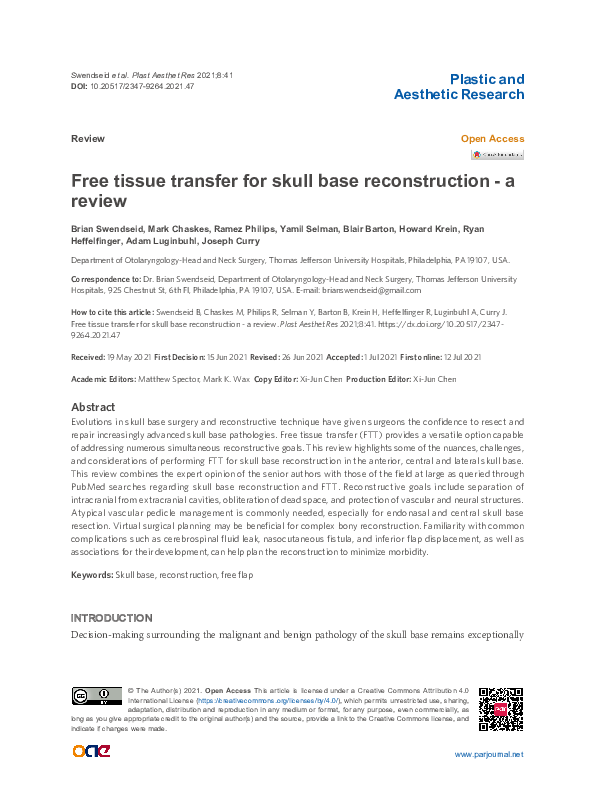 (PDF) Free tissue transfer for skull base reconstruction -a review