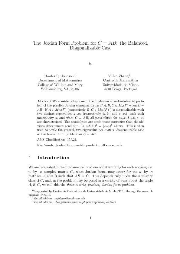 (PDF) The Jordan Form Problem for C = Ab: The Balanced, Diagonalizable Case