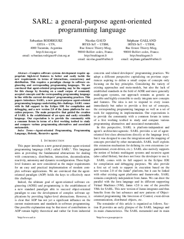 (PDF) SARL: A General-Purpose Agent-Oriented Programming Language