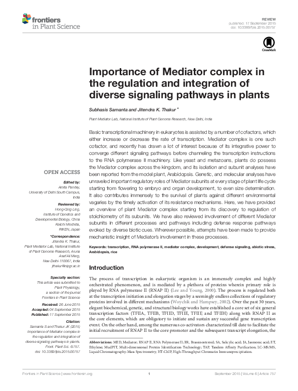 (PDF) Importance of Mediator complex in the regulation and integration ...