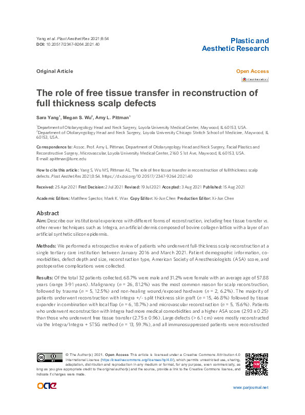 Pdf The Role Of Free Tissue Transfer In Reconstruction Of Full Thickness Scalp Defects