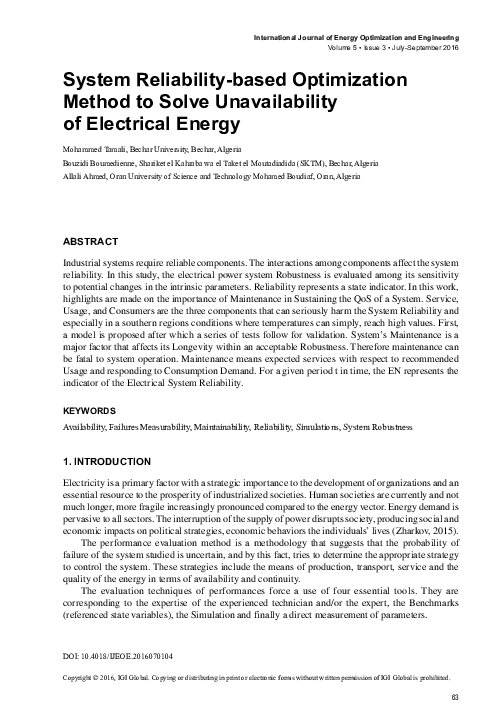 (PDF) System Reliability-based Optimization Method to Solve Unavailability of Electrical Energy