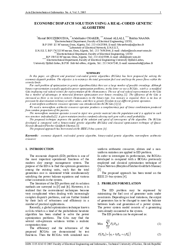 (PDF) Economic dispatch solution using a real-coded genetic algorithm