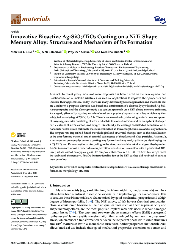 (PDF) Innovative Bioactive Ag-SiO2/TiO2 Coating on a NiTi Shape Memory ...