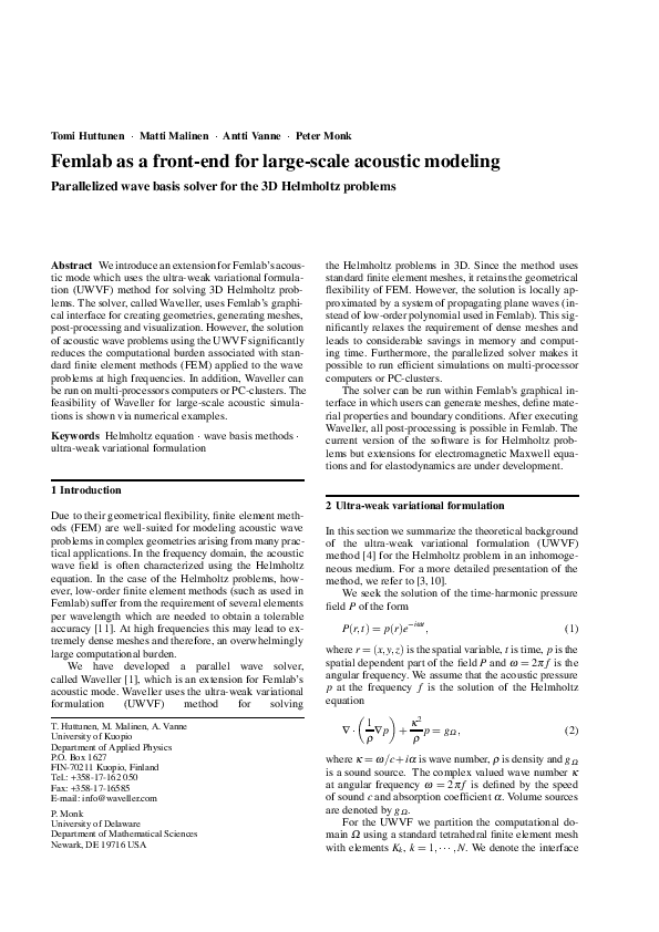 (PDF) Femlab as a front-end for large-scale acoustic modeling Parallelized wave basis solver for ...