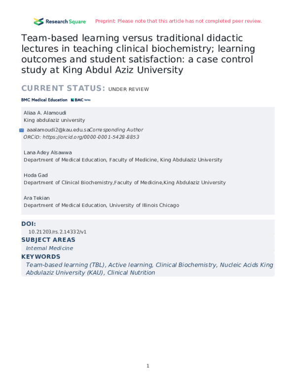 (PDF) Team-based learning versus traditional didactic lectures in teaching clinical biochemistry ...