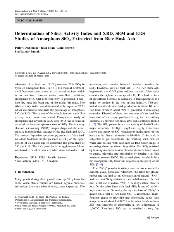 (PDF) Determination of Silica Activity Index and XRD, SEM and EDS ...