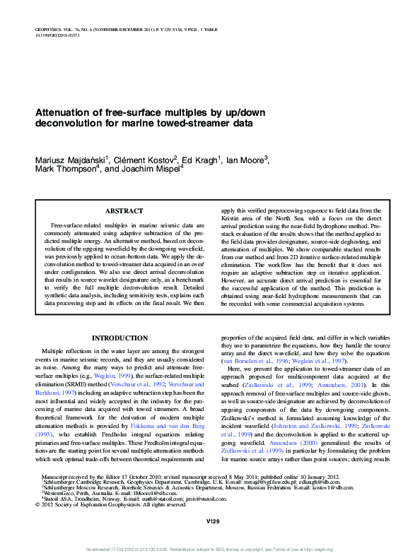 Pdf Attenuation Of Free Surface Multiples By Up Down Deconvolution