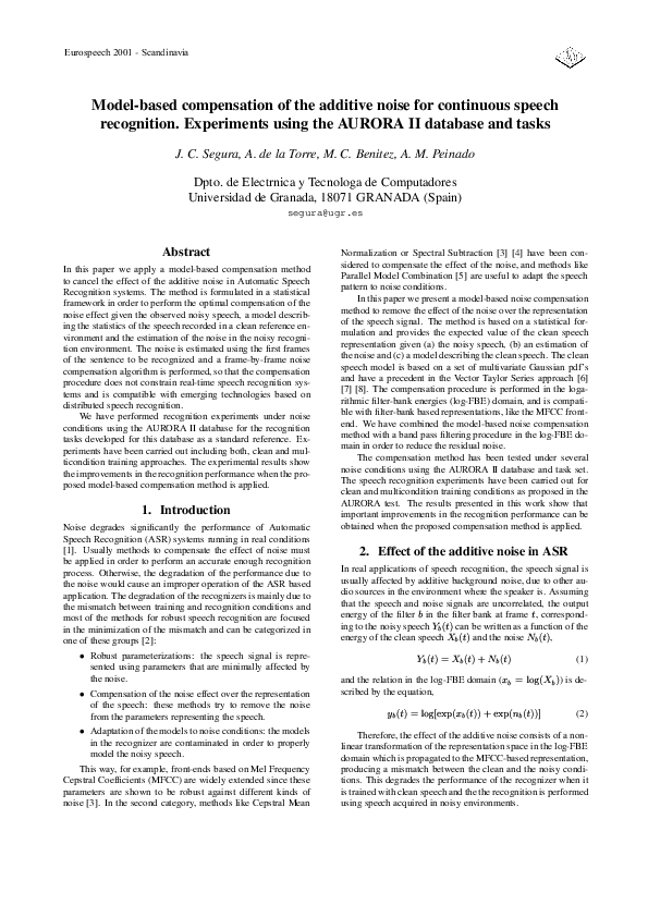Pdf Model Based Compensation Of The Additive Noise For Continuous