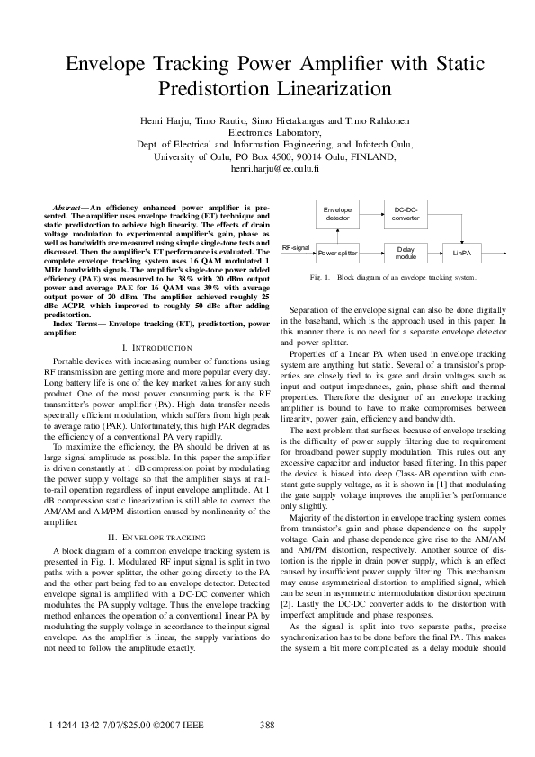 (PDF) Envelope tracking power amplifier with static predistortion linearization