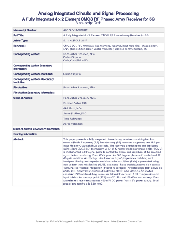 (PDF) A fully integrated 4 × 2 element CMOS RF phased array receiver for 5G