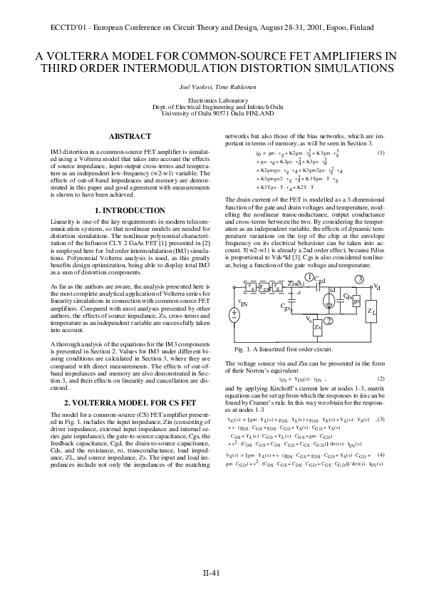 (PDF) A Volterra model for common-source FET amplifiers in third order intermodulation ...