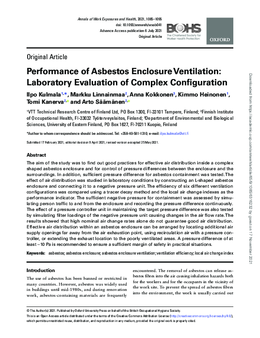 (PDF) Performance of Asbestos Enclosure Ventilation: Laboratory ...