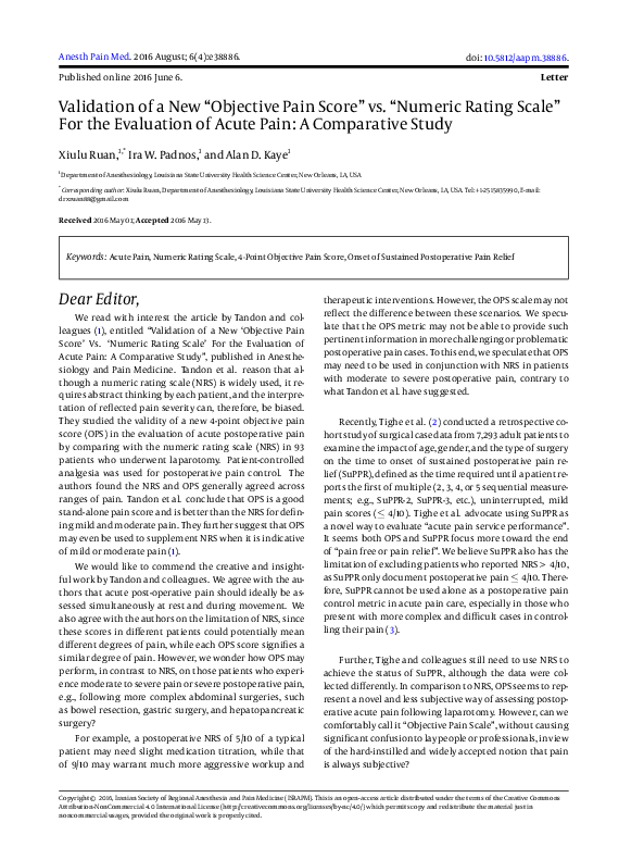 (PDF) Validation of a New “Objective Pain Score” Vs. “Numeric Rating ...